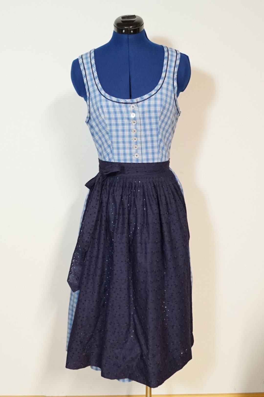 Dirndl With Apron, Blue White Checked Dirndl With Blue Apron, Button Up ...