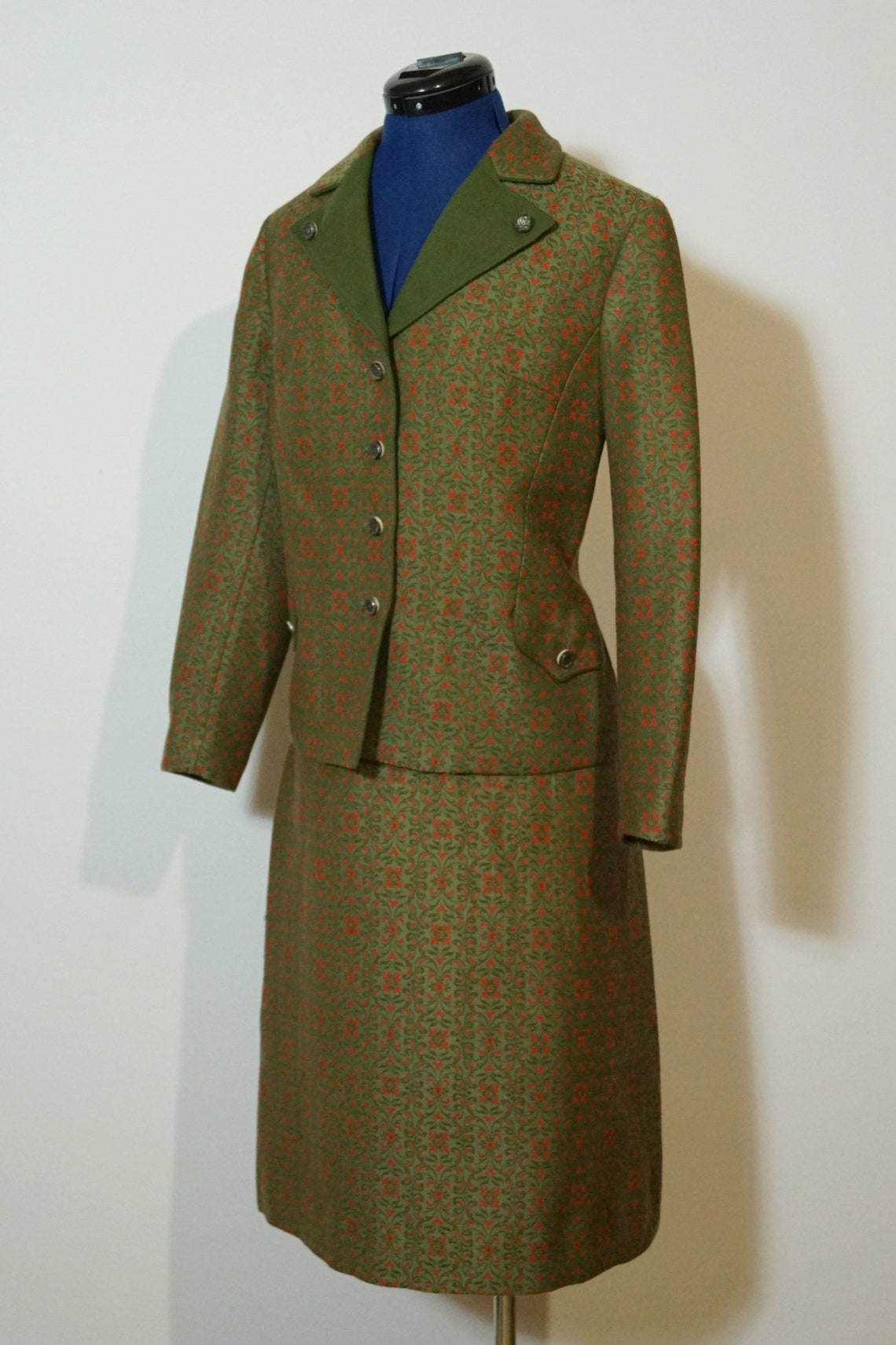 Loden Suit Red Green Jacket and Pencil Skirt Wool Jacquard - Etsy