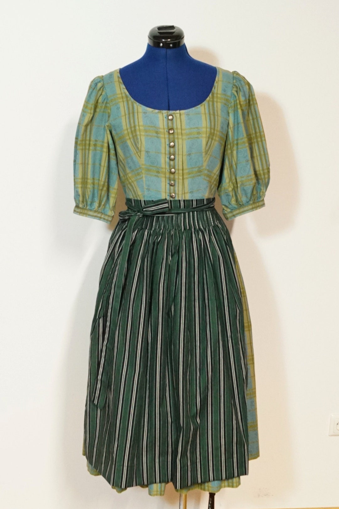 Dirndl With Apron, Green Blue Wash Dirndl With Half-length Puff Sleeves ...