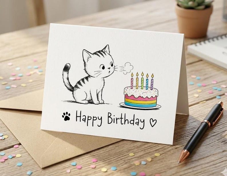 Cat Birthday Card, (digital Download), Print at Home, - Etsy