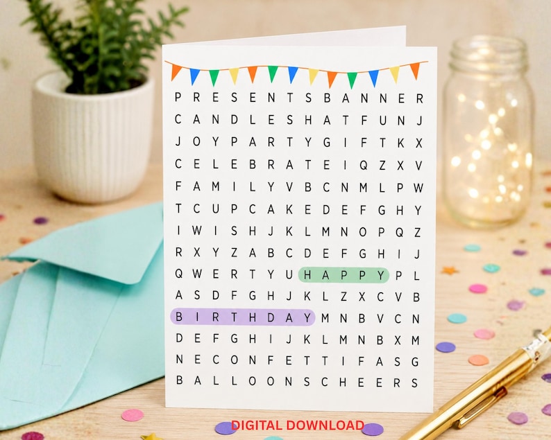 Birthday Word Search Card, Download Print at Home, Puzzle Lover, Kids ...