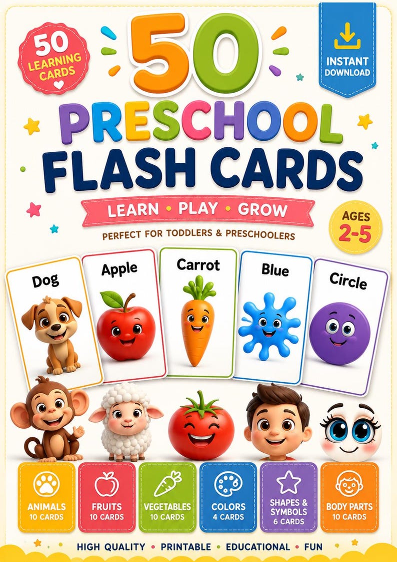 Preschool Flash Cards | Animals, Fruits, Colors, Shapes (digital ...