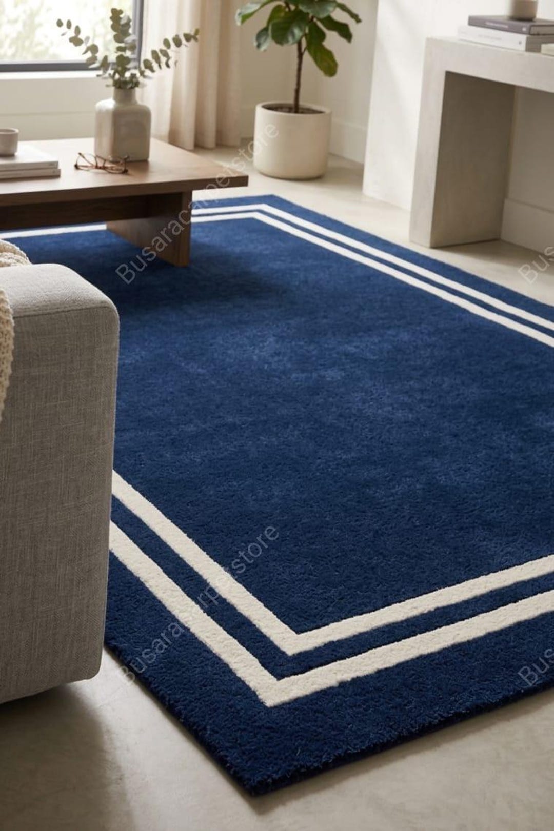 Hand Tufted Navy Blue Wool Area Rug, White Double Border, Modern ...
