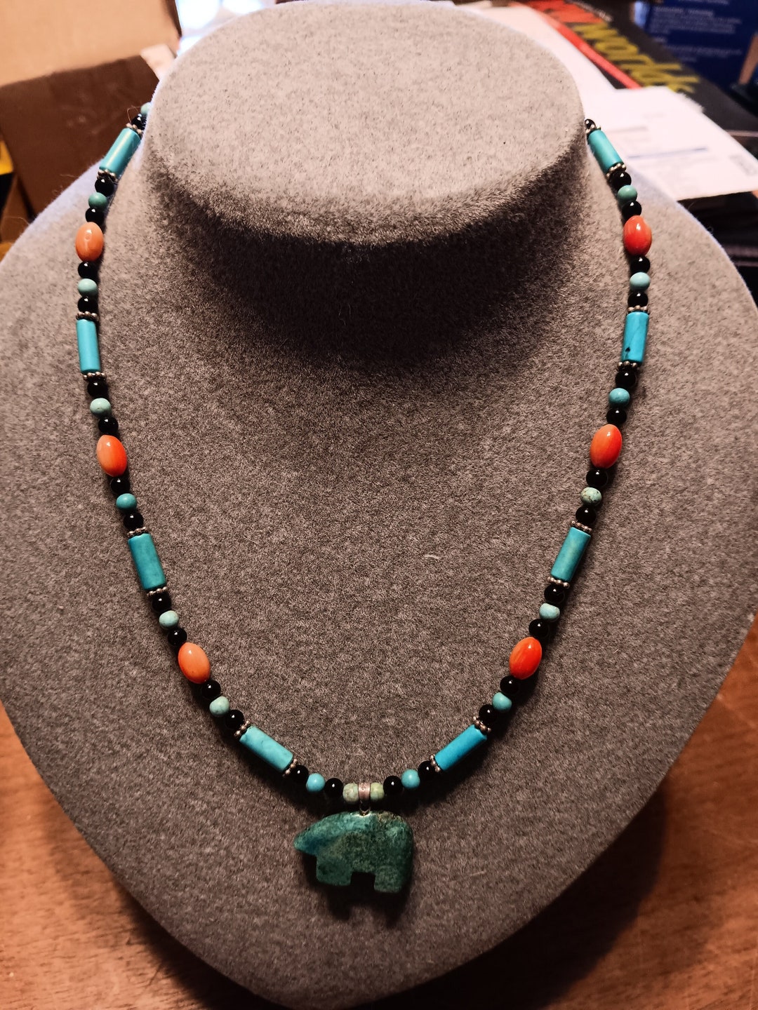 Turquoise Zuni Bear With Coral and Black Onyx Necklace - Etsy
