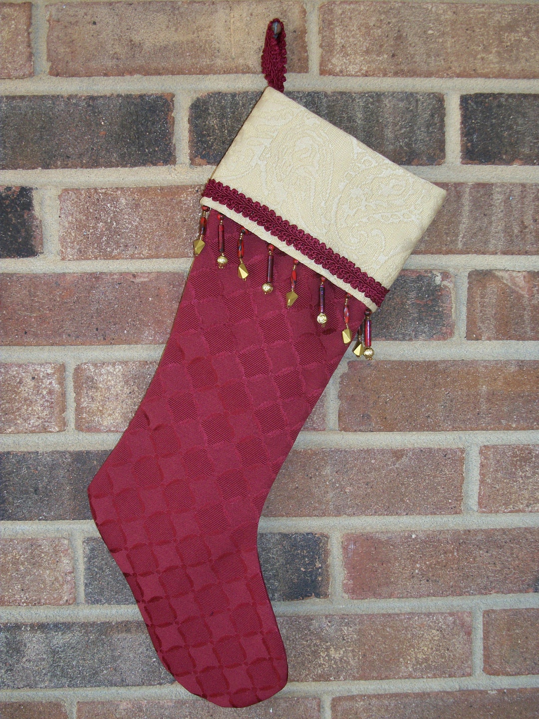 Christmas Stocking, Handmade Christmas Stocking With Fringe, Burgandy ...