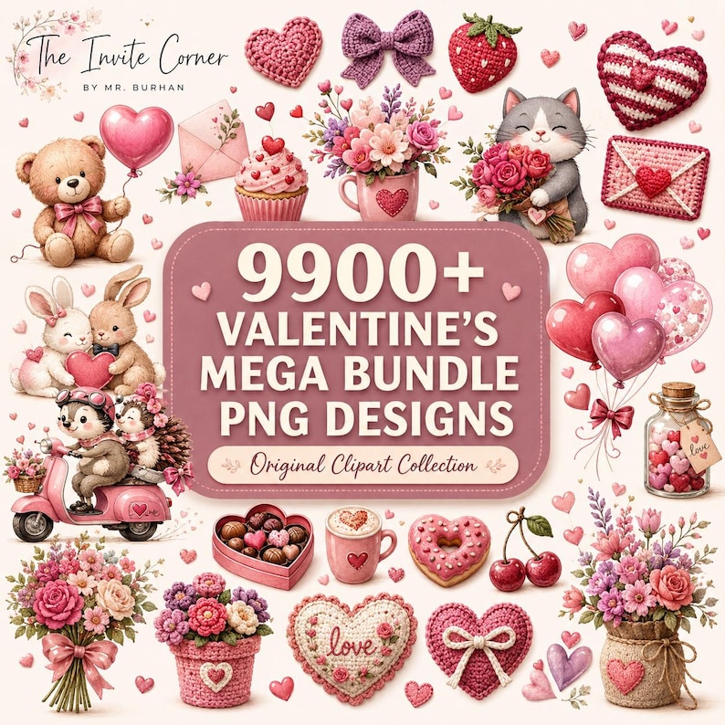 9900+ Valentine Clipart Bundle PNG, Cute Animal Love Graphics, Floral ...