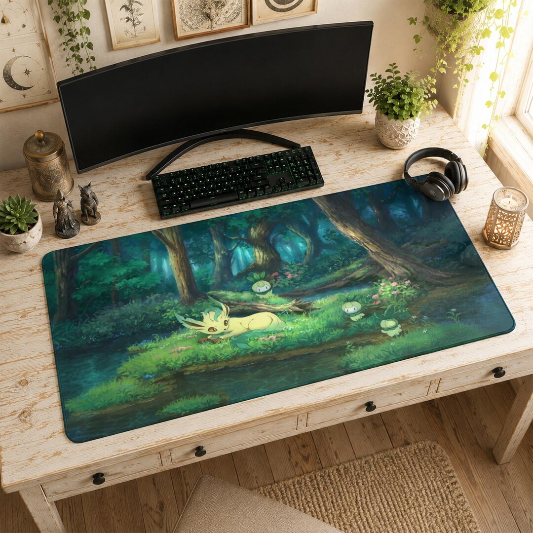Tapete de rato Leafeon | Tapete de secretária aconchegante, arte da ...