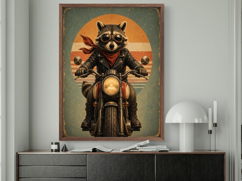 Raccoon Motorcycle Poster, Vintage Animal Print, Funny Biker Artwork ...