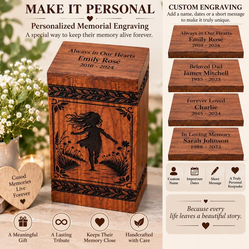 Handmade Wooden Cremation Urn for Human Ashes Memorial Personalized ...