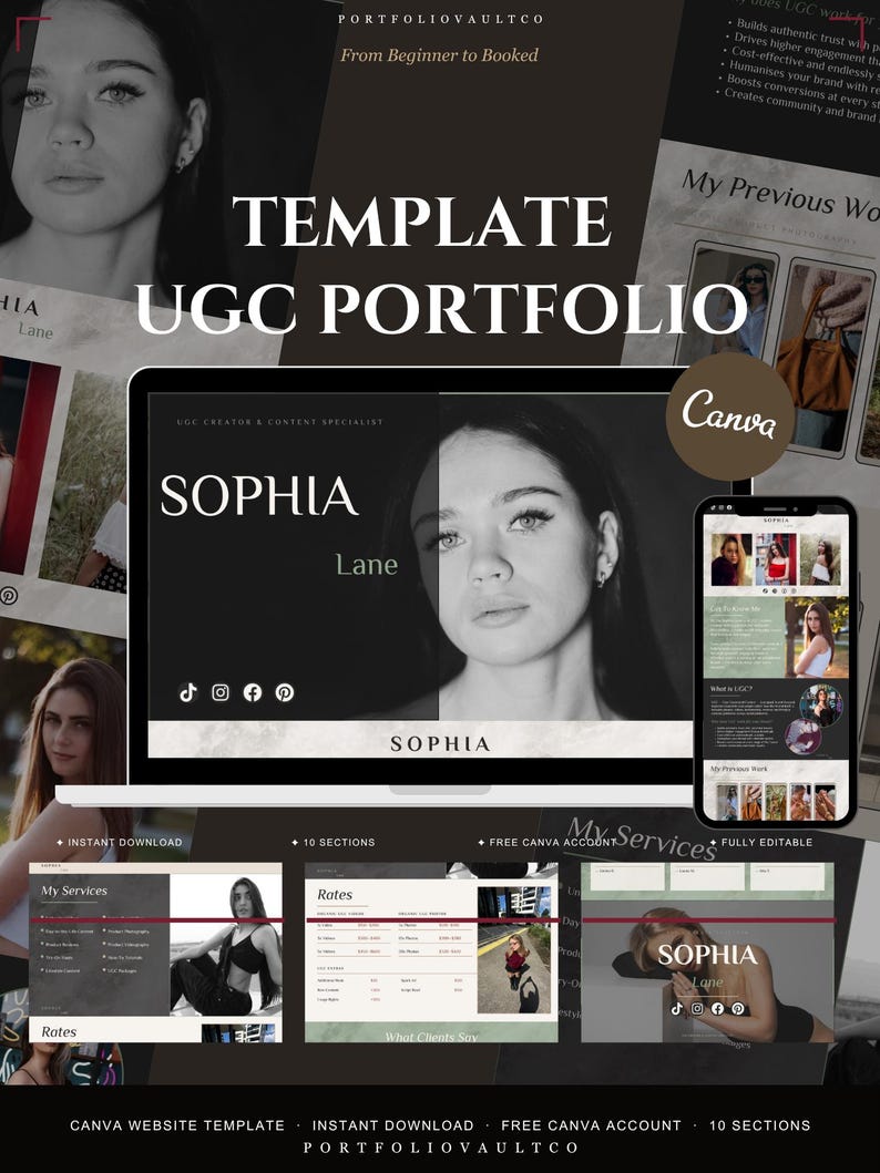 UGC Portfolio Template Canva Website | Black Sage Cream Aesthetic Media ...