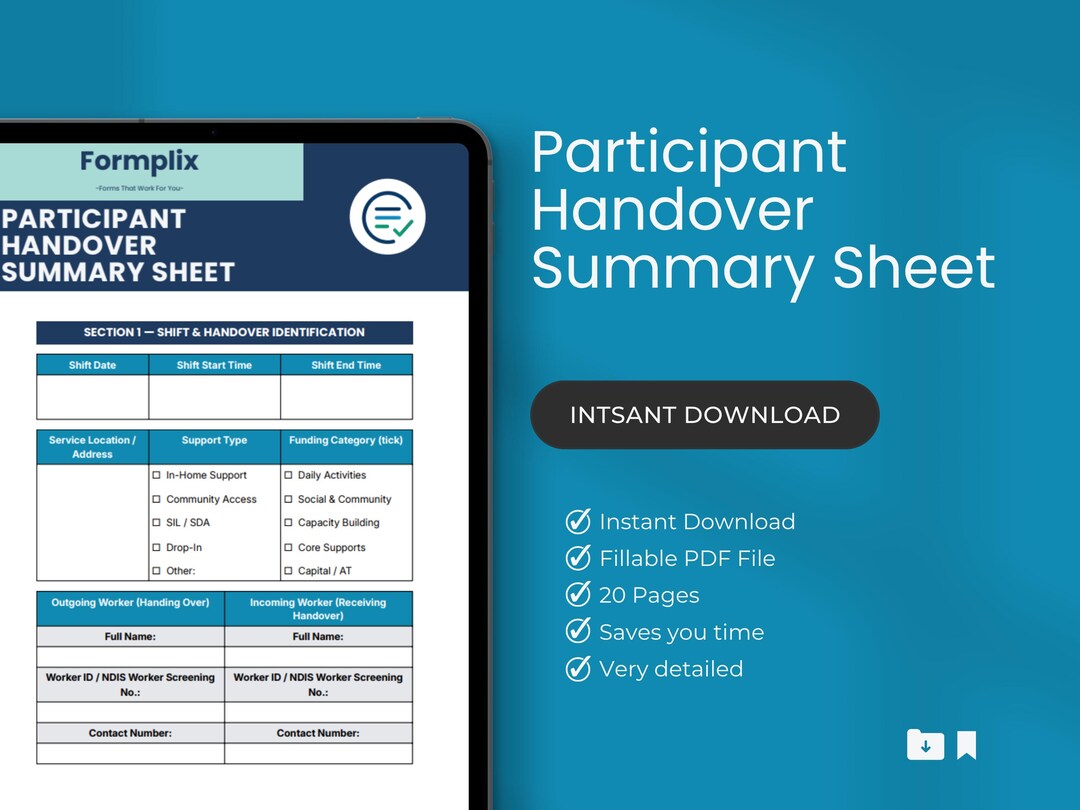 Participant Handover Summary Sheet for NDIS Support Workers and ...