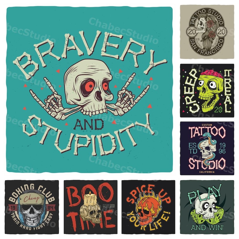 1GB Vintage Skull Design Bundle, Biker Motorcycle Clipart, Tattoo Style ...