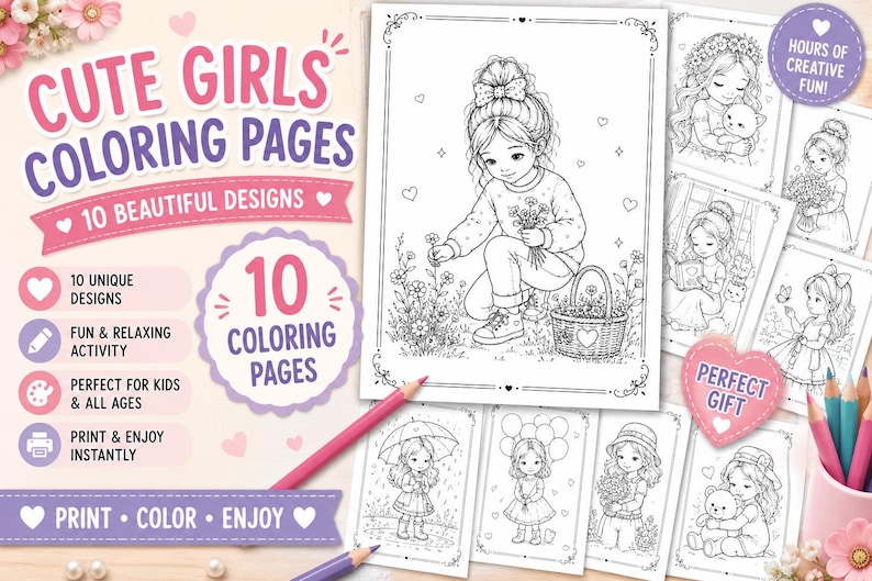 Kawaii Girls Coloring Pages | 10 Printable Designs (PDF Download) - Etsy