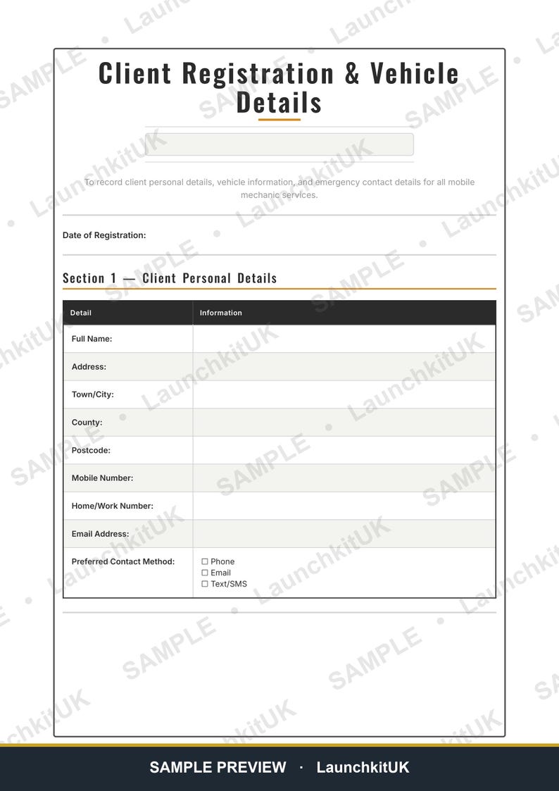 Mobile Mechanic Forms UK — 17 Fillable Pdfs & Editable DOCX | Launchkit ...