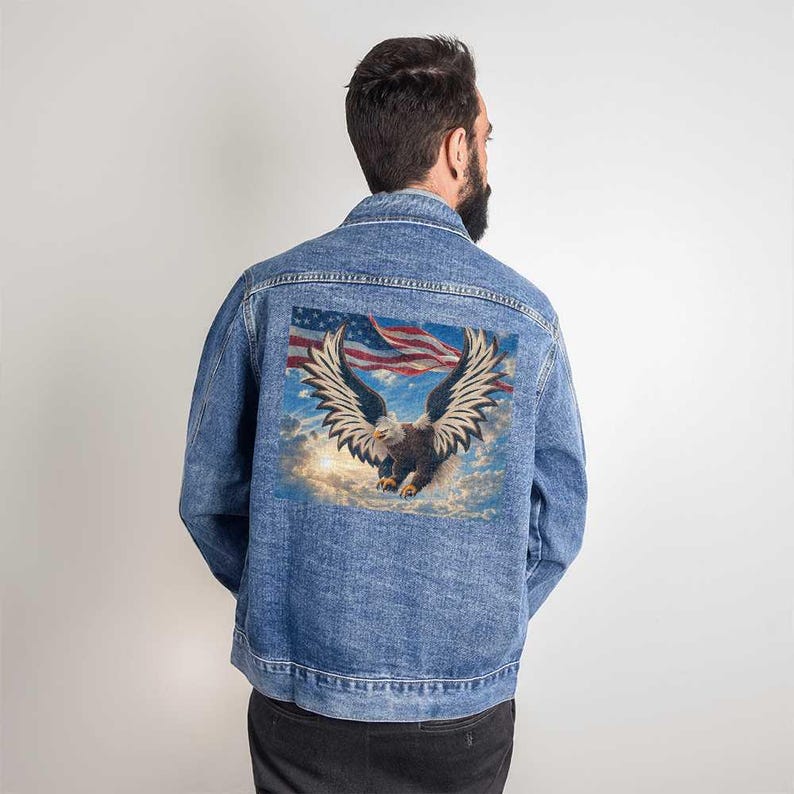 Men's Denim Jacket: American Eagle Flag Back Print – Relaxed Fit Jean ...