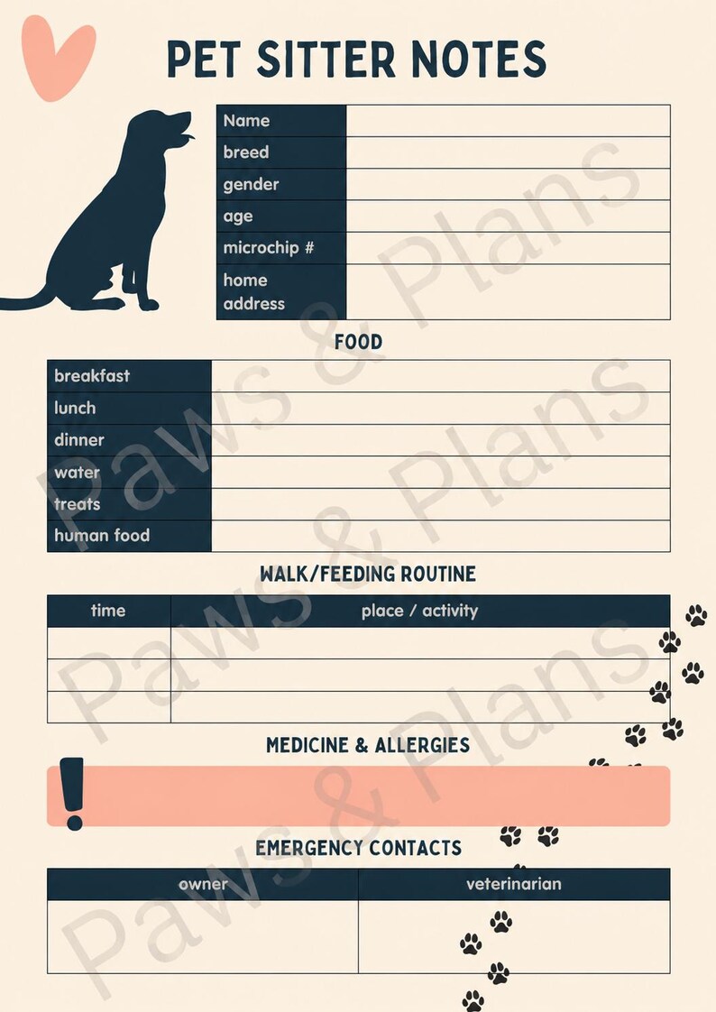 Pet Sitter Notes Template – Dog Care Form Printable, Routine Checklist ...