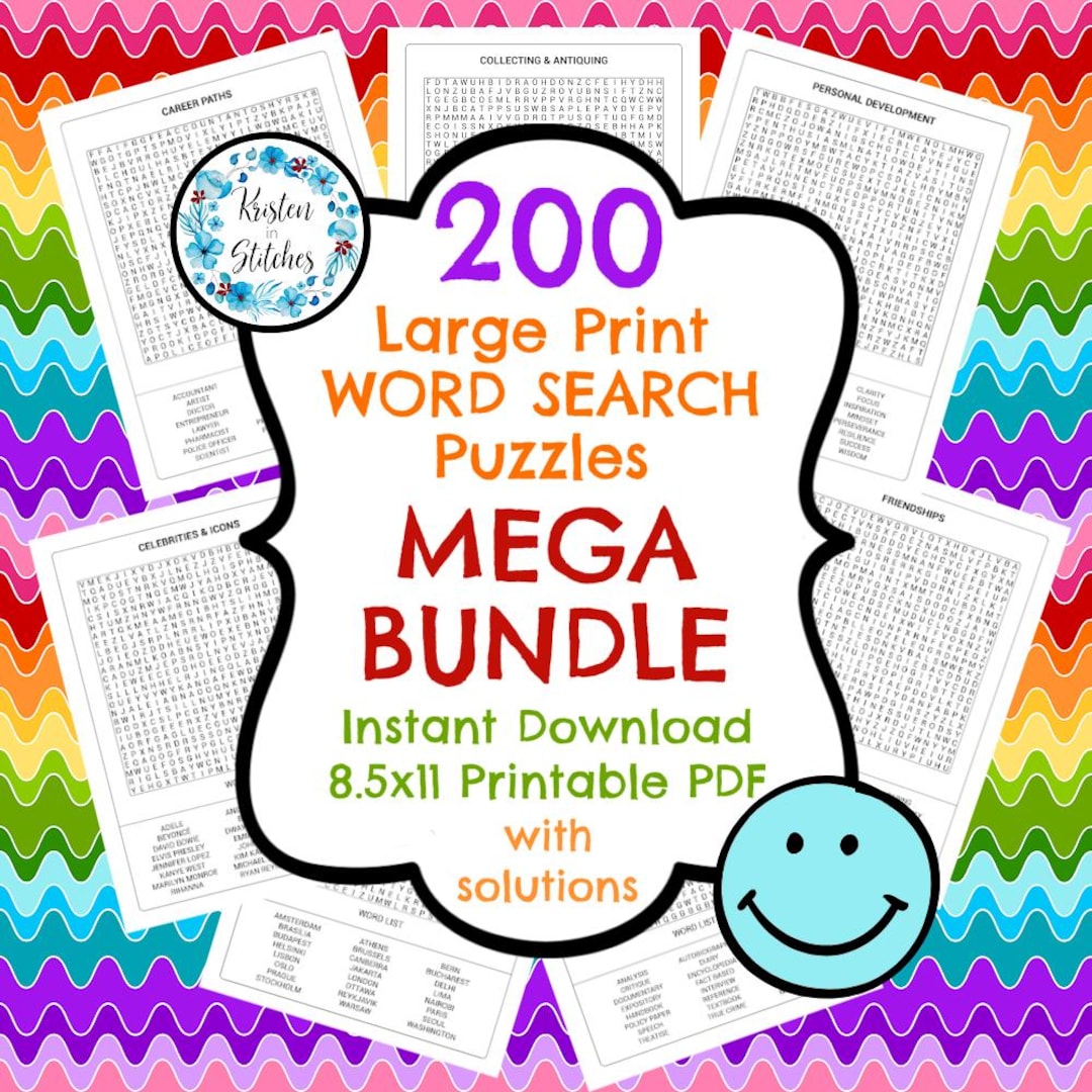 200 Large Print Word Searches, Printable PDF Search Brain Games, Mega ...