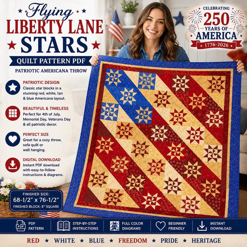 Flying Liberty Stars Quilt Pattern PDF, Patriotic Americana Anniversary ...