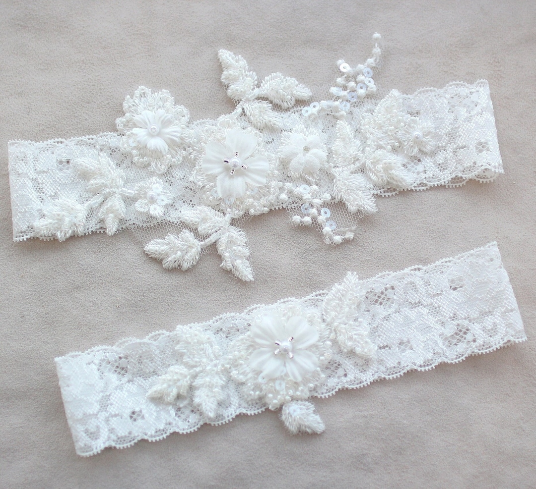 Bridal Embroidered Lace Beaded Garter Set: Floral Lace Garters - Etsy