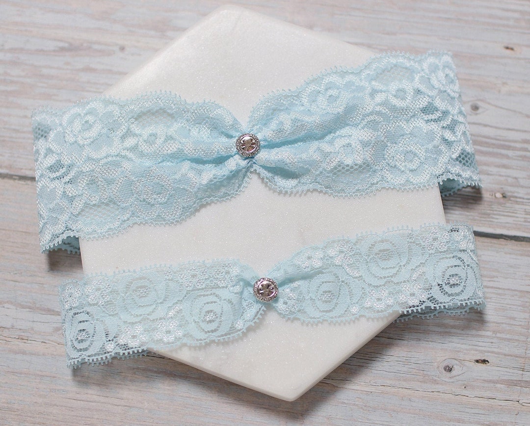 Light Blue Lace Garter Set: Silver Crystal Cham Bridal Garters - Etsy