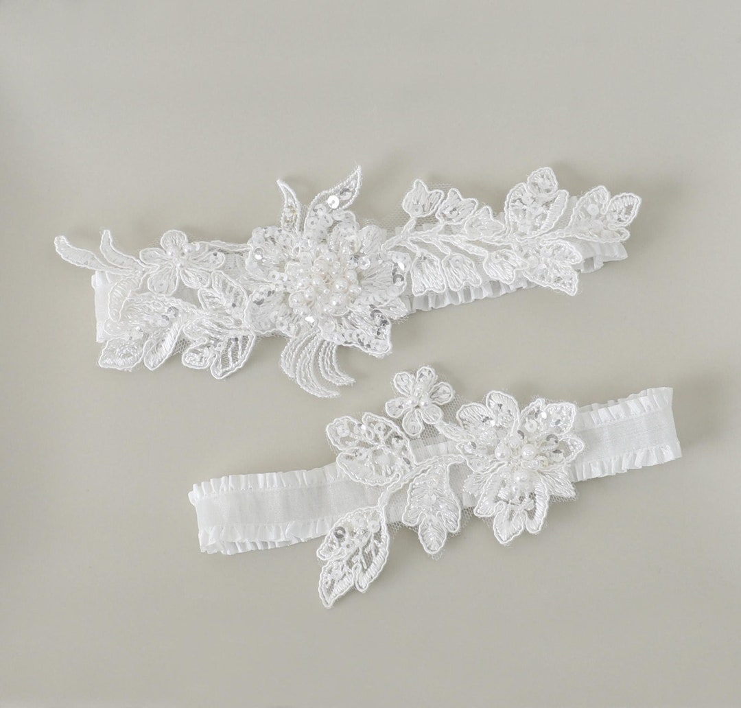 Sequin Pearl Bridal Garter Set: Ivory Lace Wedding Garters - Etsy