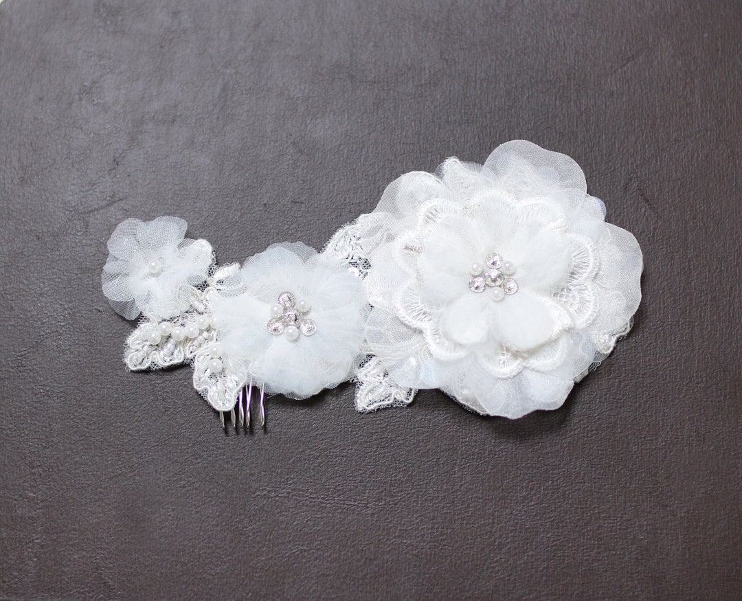 Ivory Lace Hair Comb, Bridal Headpiece, Organza Flower Headpiece ...