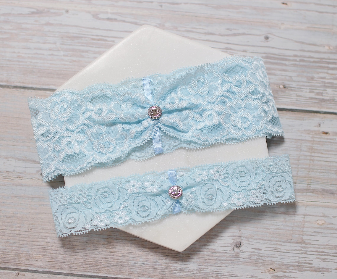 Light Blue Lace Garter Set: Silver Crystal Cham Bridal Garters - Etsy