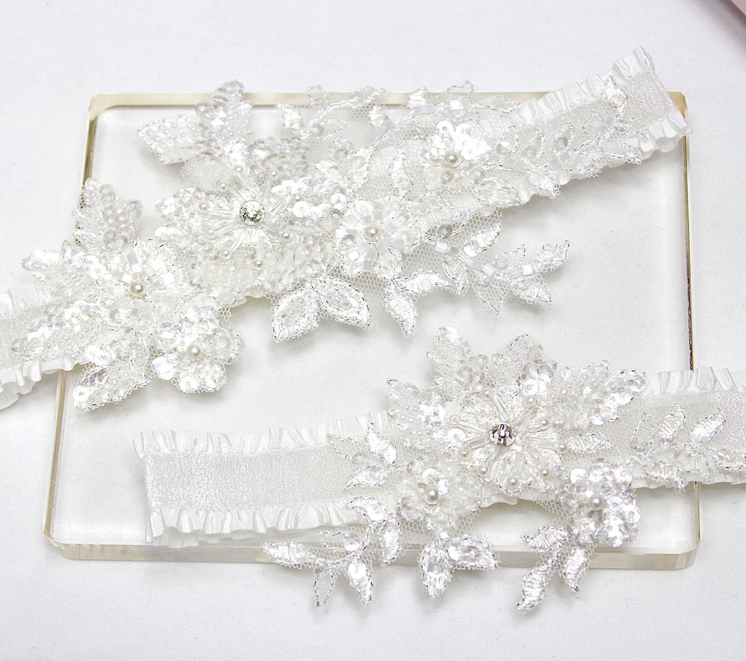 Sequin Lace Wedding Garter Set, Embroidered Bridal Garters - Etsy