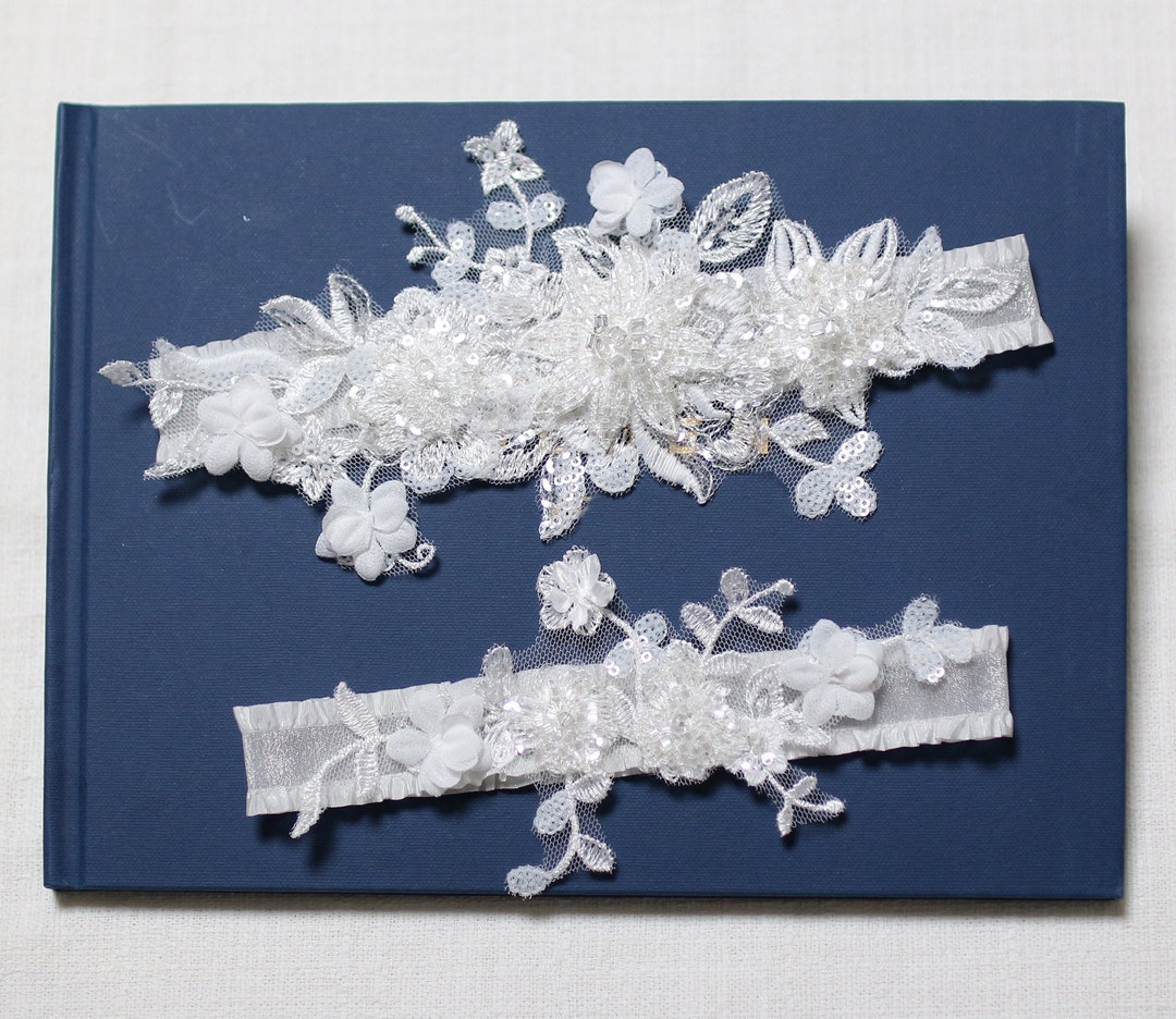 White Embroidered Floral Lace Garter Set, Bride Garters for Wedding ...