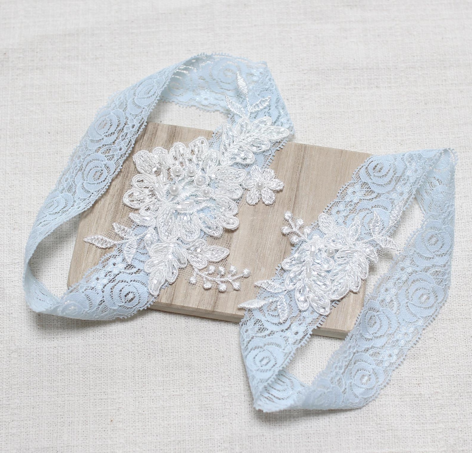 Something Blue Lace Garter Set, Beaded Embroidery Lace Garters - Etsy