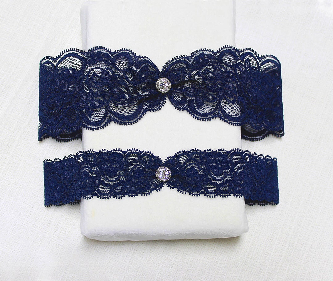 Navy Lace Garter Set, Silver Crystal Charm Garter Set, Wedding Garter ...