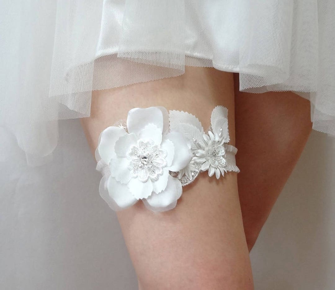 White Satin Blossom Garter, Bridal Garter, Floral Garter, White Garter ...