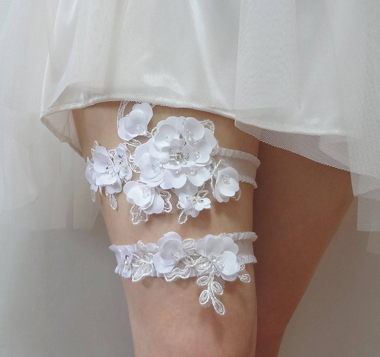 White Satin Lace Garter Set Bridal Garter Set Wedding | Etsy