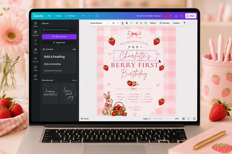 Berry First Birthday Invitation, Editable Template, Digital Download - Etsy