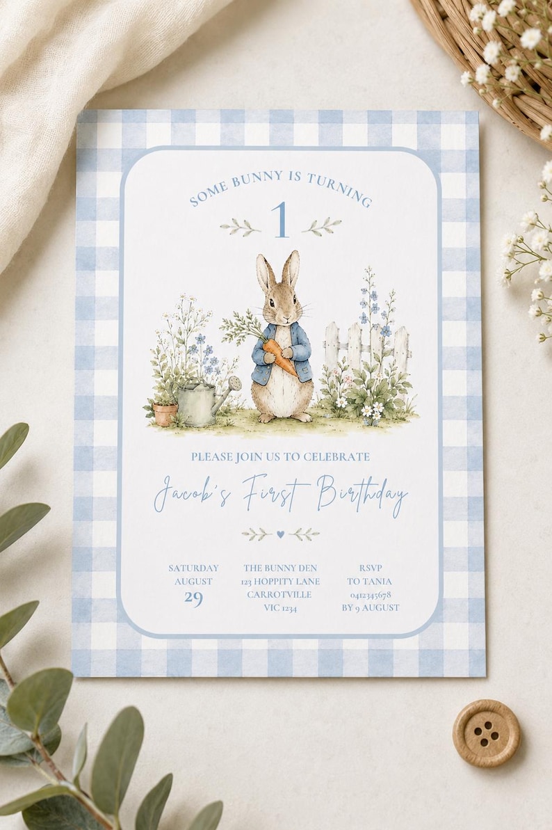 Peter Rabbit First Birthday Invitation, Blue Bunny Boy Party (digital ...