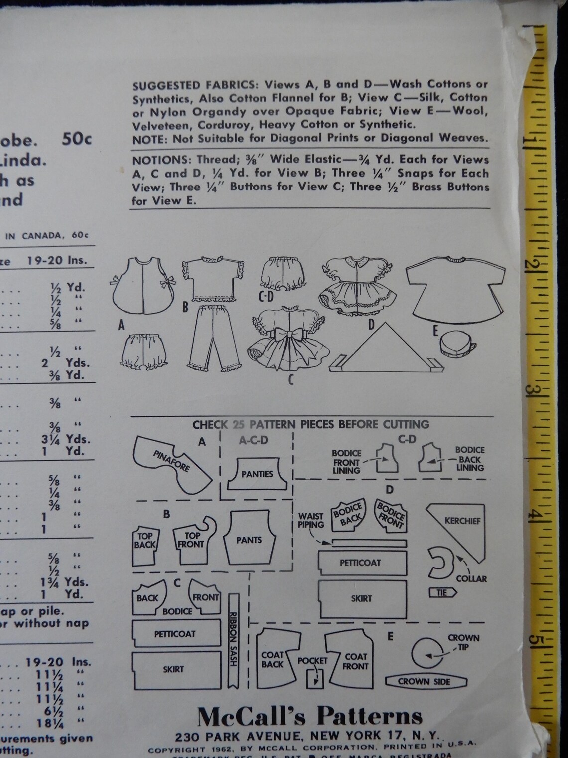 Size 19" - 20" Mccall's 6465 From 1962, Cut and Complete, Sew for ...