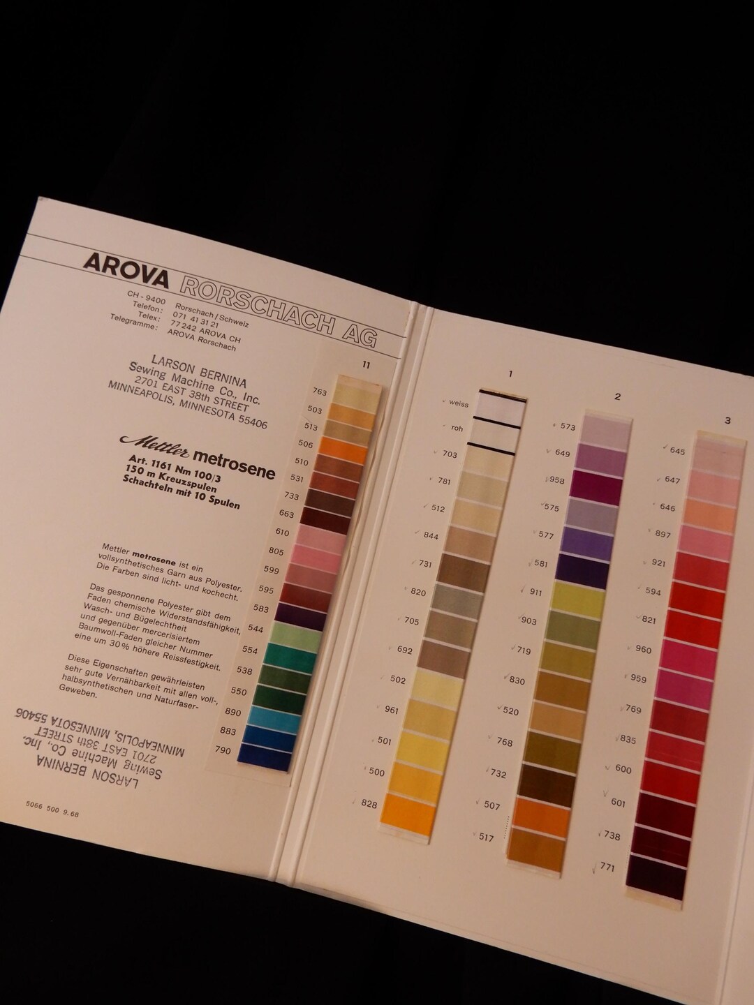 Pair of Mettler Metrosene Color Cards, Polyester Thread Samples, Arova ...