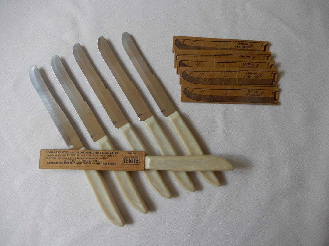 Set of 6 Retro Quikut Steak Knives With Marbled Ivory Handles Molded of ...