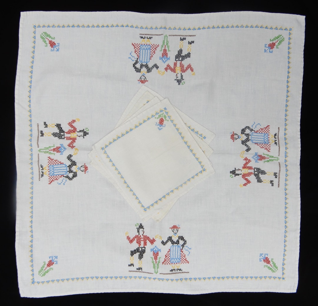Folk Art Hand Embroidered Table Linen Set, 31 1/2" Square Lunch Cloth ...