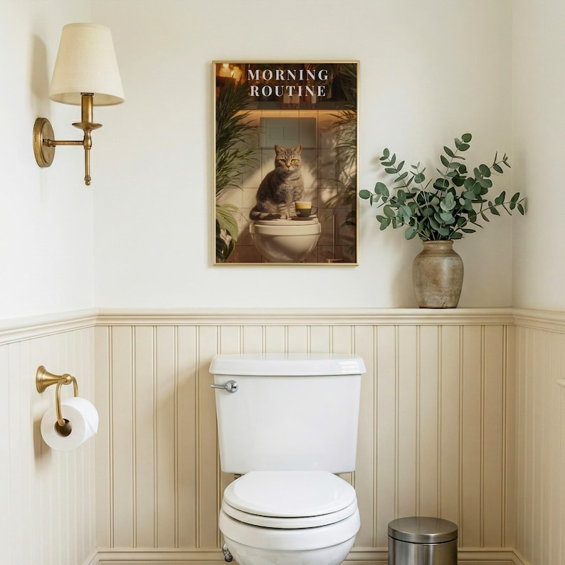Funny Cat Morning Routine Bathroom Art | Coffee Toilet Poster, Cat ...