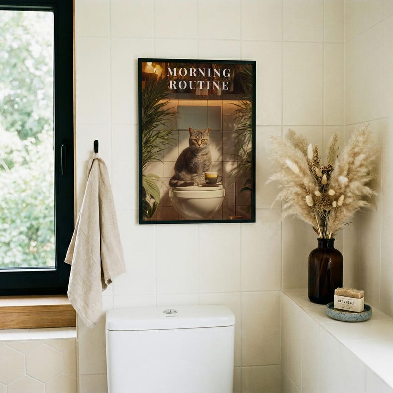 Funny Cat Morning Routine Bathroom Art | Coffee Toilet Poster, Cat ...