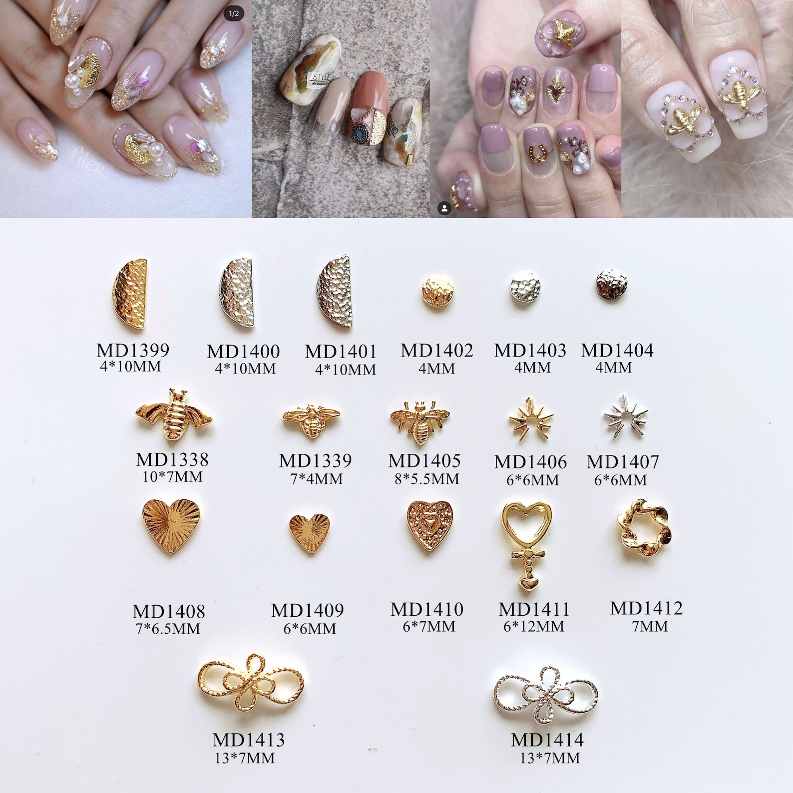 5pcs/bag Nail Art Metal 3D Charms Half-circle Bee Heart Bow - Etsy