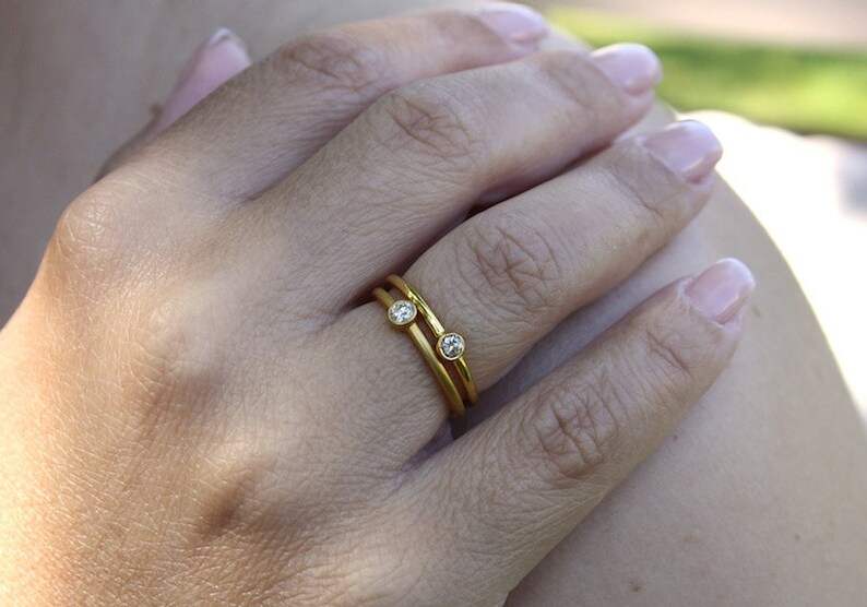 Diamond and 18k Gold Stacking Ring, Solitaire Diamond Ring, Bezel ...