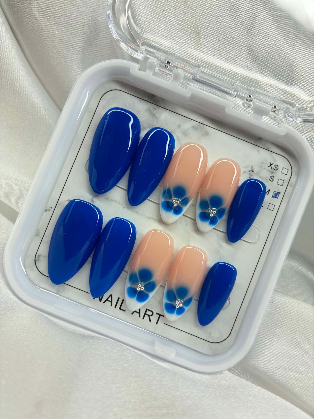 Royal Blue & Floral Press-on Nails | Elegant Nail Art - Etsy