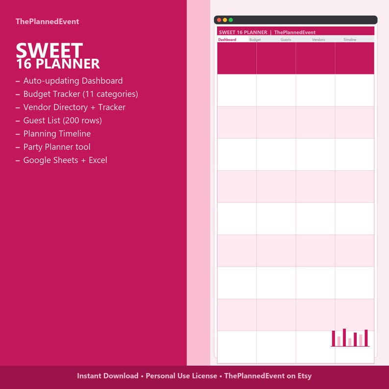 Sweet 16 Planner Spreadsheet Google Sheets | Budget Guest List Party ...