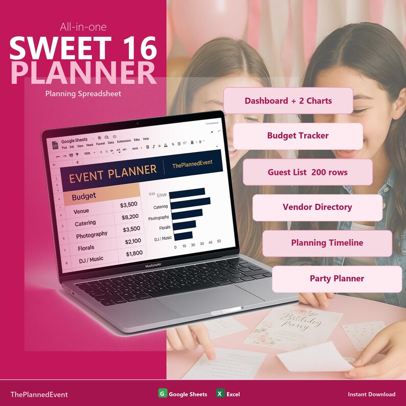 Sweet 16 Planner Spreadsheet Google Sheets | Budget Guest List Party ...