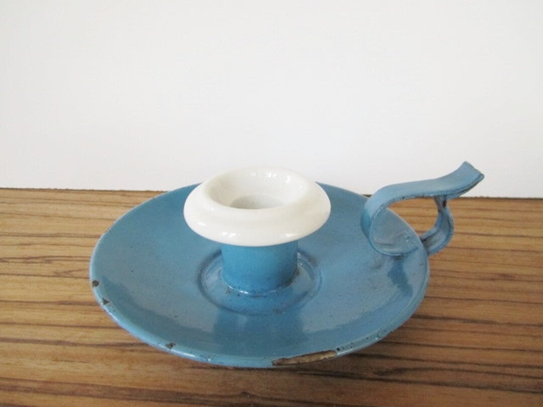 Antique Blue Enamelware Graniteware Candlestick Chamberstick Porcelain ...
