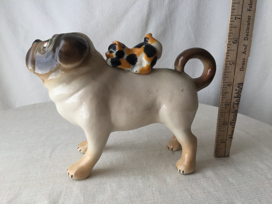 NEW PRICE: One-of-a-kind Pug Dog Porcelain Teapot With Calico Cat ...