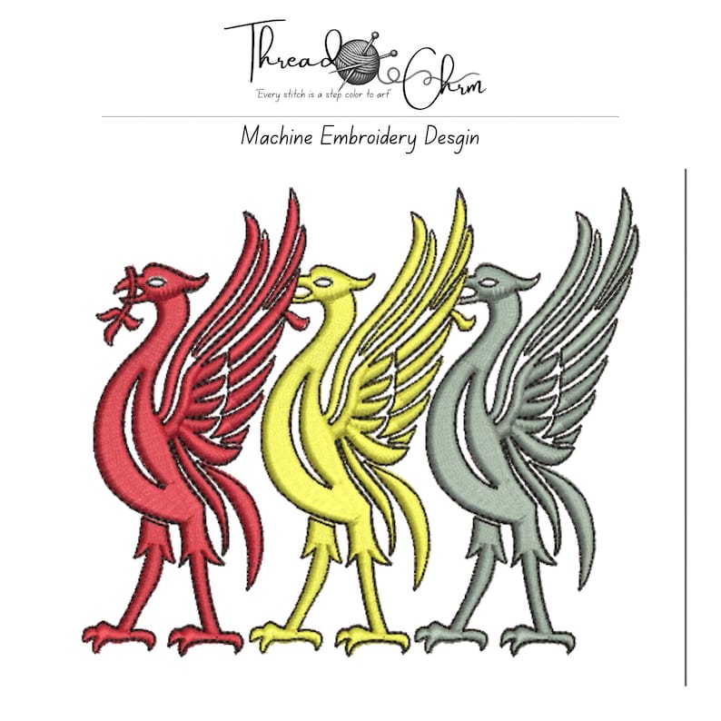 Liver Bird Embroidery Design Trio, Red Gold Silver Machine Stitch ...