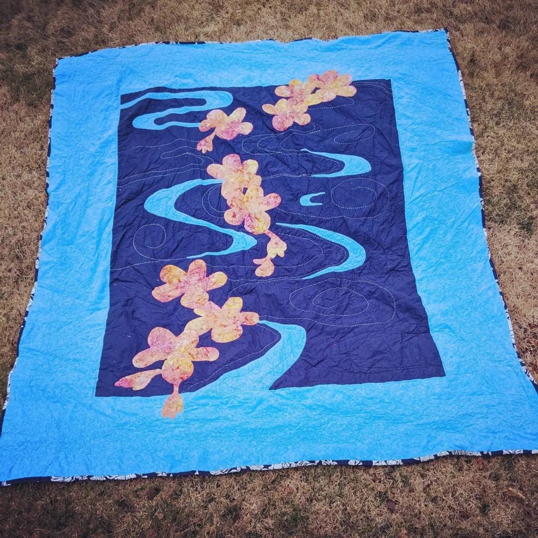 Plumeria Falling on Water Sashiko Hand Appliqued Quilt - Made to Order ...